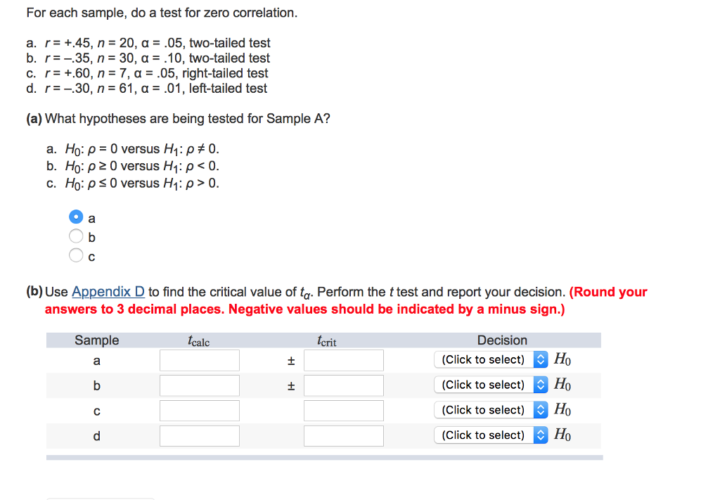 Solved For each sample, do a test for zero correlation. a. | Chegg.com