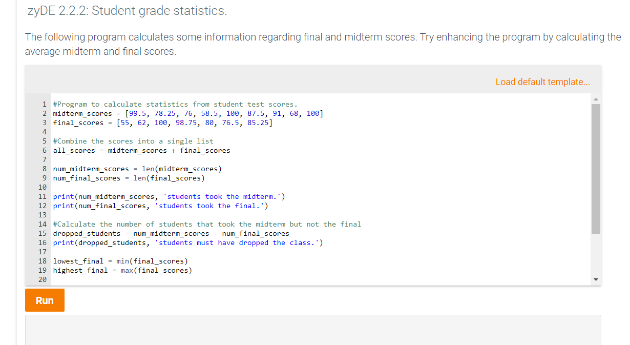Solved ZYDE 2.2.2: Student grade statistics. The following | Chegg.com