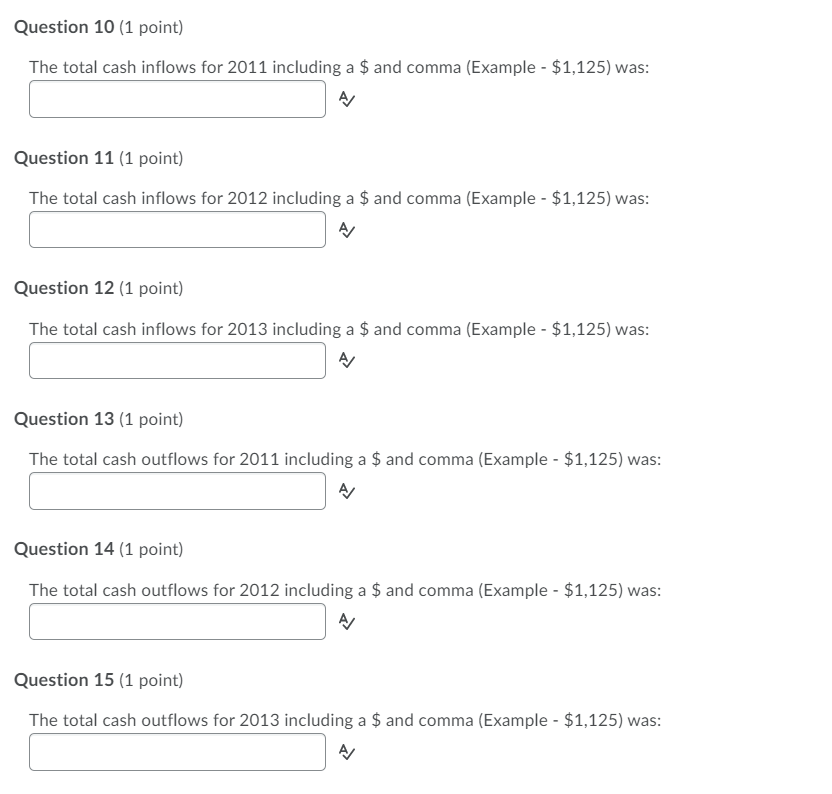 Solved Question 10 (1 point) The total cash inflows for 2011 | Chegg.com
