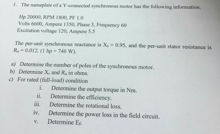 Solved 1. The nameplate of a Y-connected synchronous motor | Chegg.com