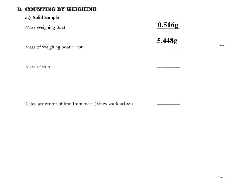 Solved B. COUNTING BY WEIGHING a.) Solid Sample 0.516g Mass | Chegg.com