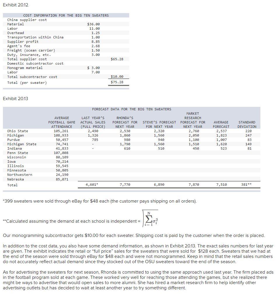 Analytics Exercise 20-3 (Algo) Big10Sweaters.com is a | Chegg.com