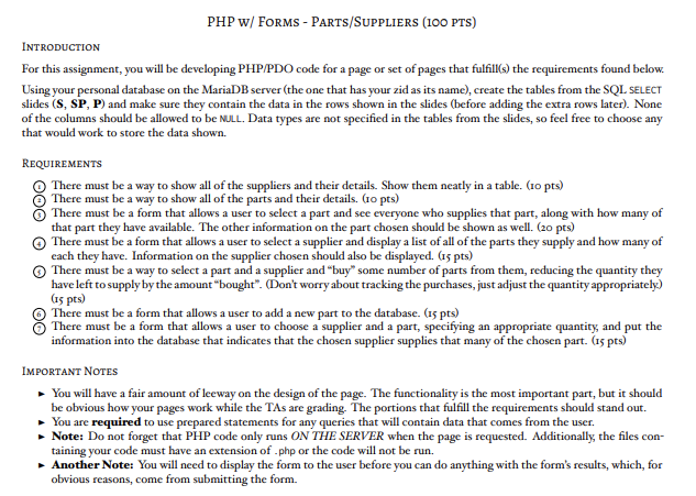 PHP W/ FORMS - PARTS/SUPPLIERS (100 PTS) INTRODUCTION | Chegg.com