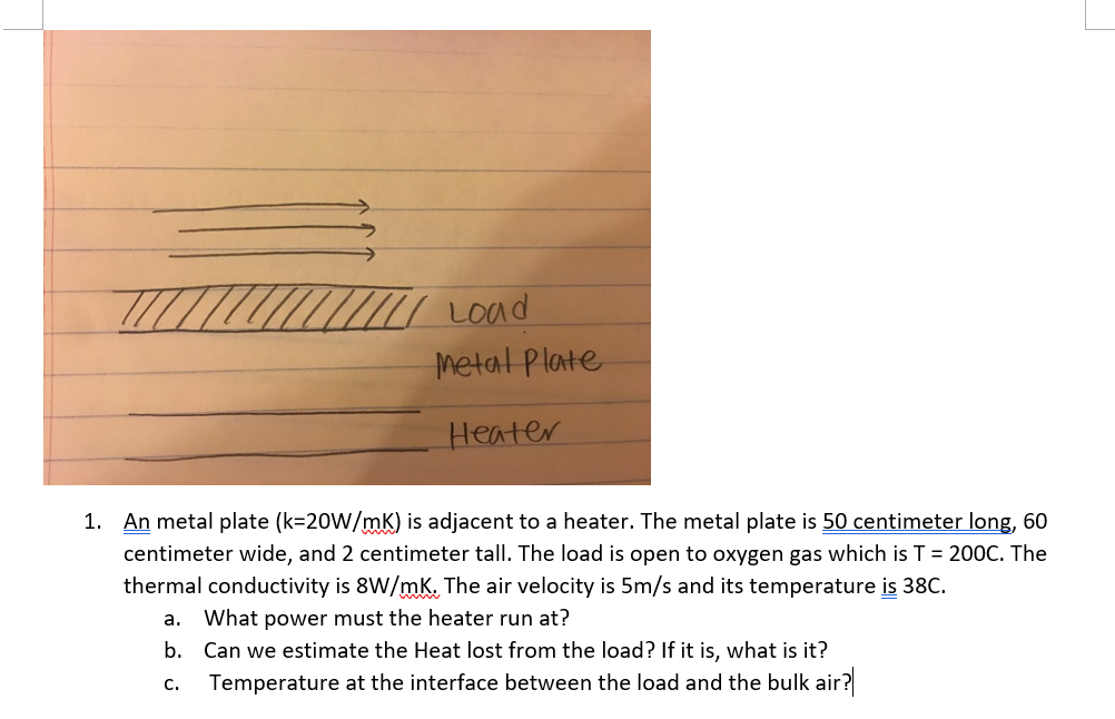 Solved Load Metal Plate Heater 1. An metal plate (k=20W/mK) | Chegg.com