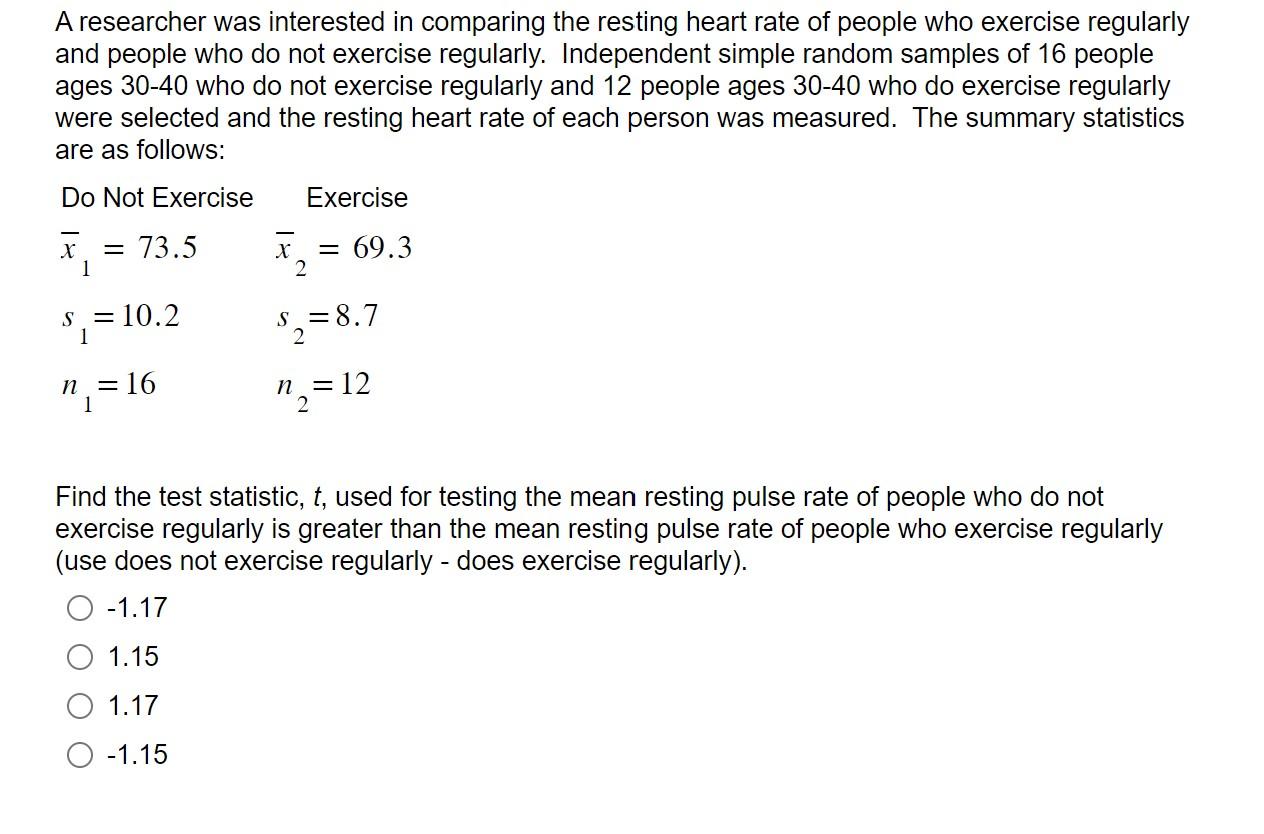 Solved A researcher was interested in comparing the resting | Chegg.com