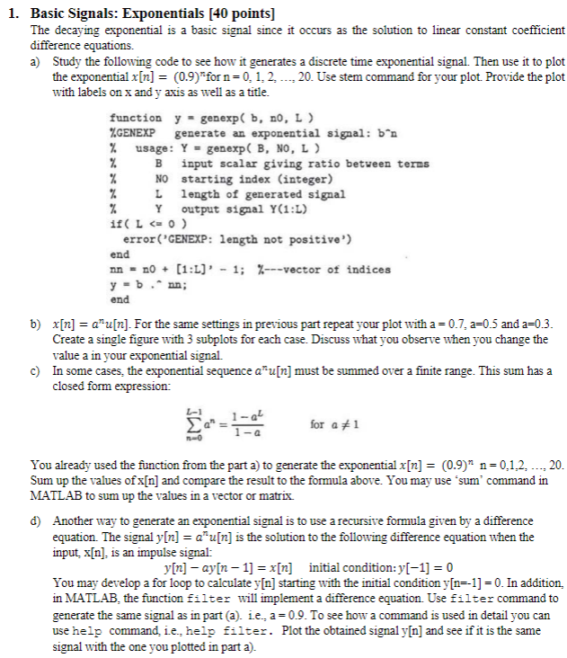 Solved 1. Basic Signals: Exponentials [ 40 points] The | Chegg.com