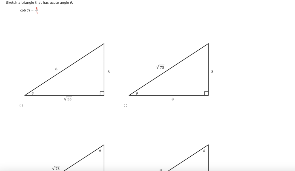 Solved Sketch a triangle that has acute angle 𝜃. cot(𝜃) = | Chegg.com