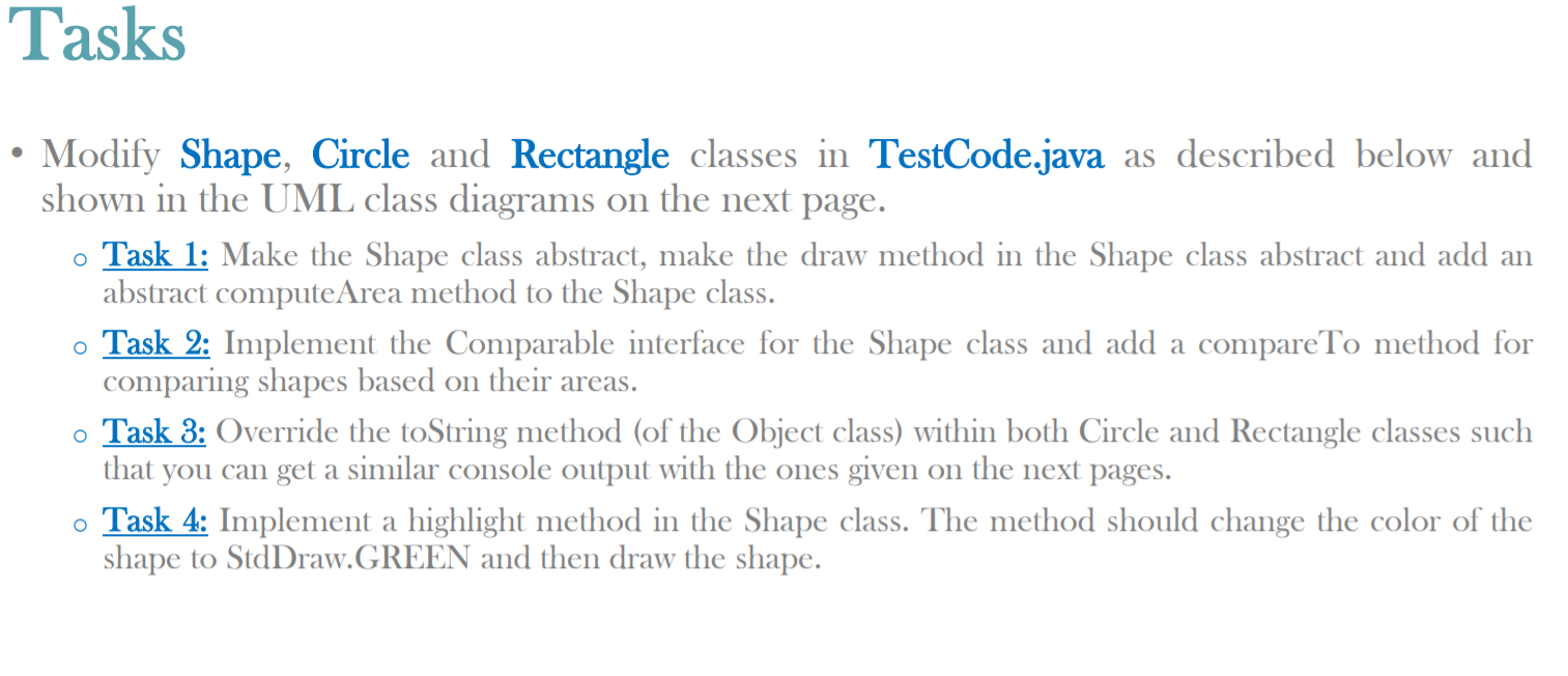 Solved Tasks • Modify Shape, Circle and Rectangle classes in | Chegg.com
