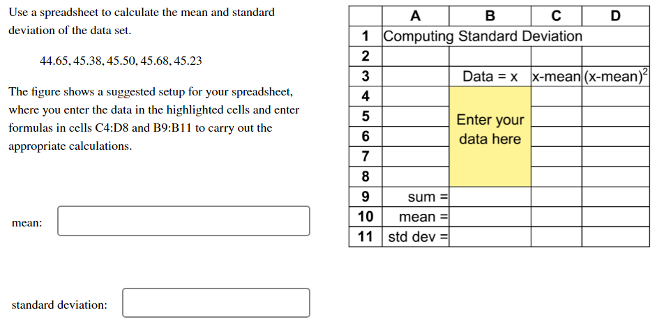 Solved Use a spreadsheet to calculate the mean and standard | Chegg.com