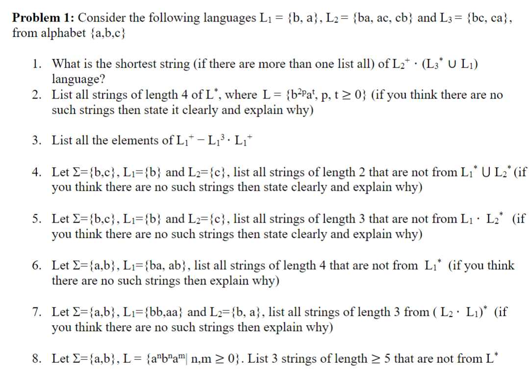 Solved Problem 1: Consider the following languages | Chegg.com