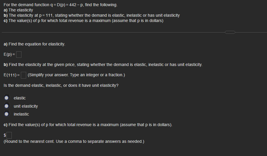 Solved For the demand function q=D(p)=442−p, find the | Chegg.com