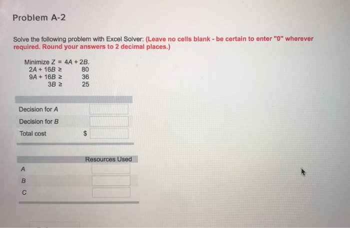 Solved Problem A-2 Solve the following problem with Excel | Chegg.com