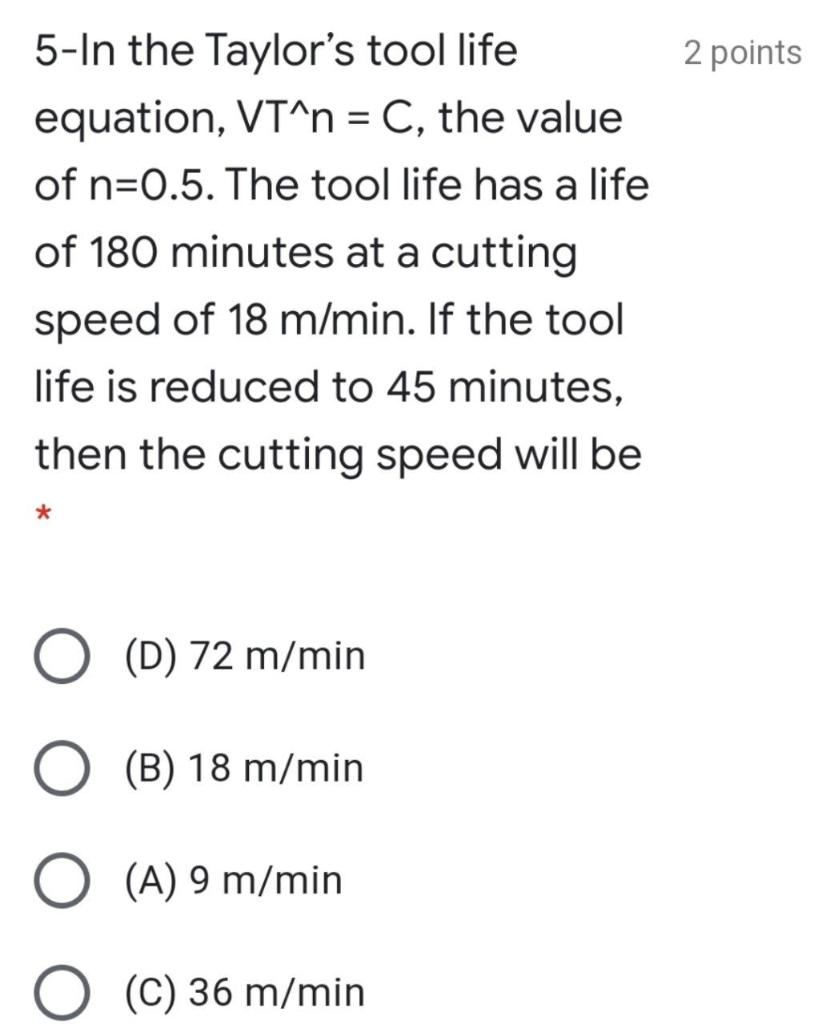 Solved 2 points 5-In the Taylor's tool life equation, VT^n = | Chegg.com