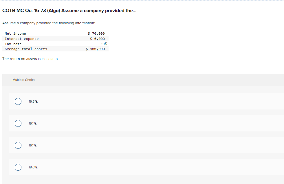 Solved COTB MC Qu. 16−39 (Algo) Assume a company had | Chegg.com