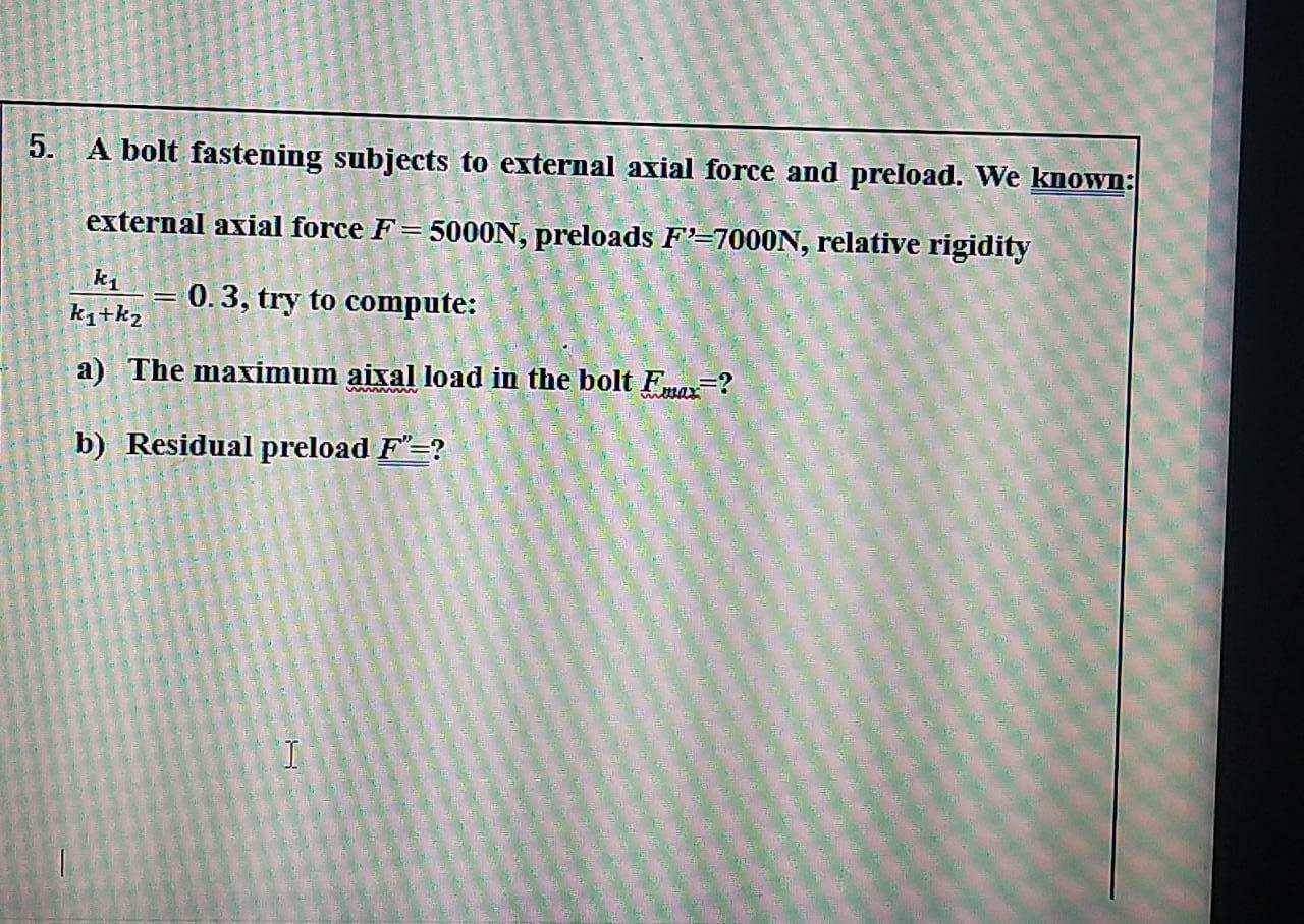 Solved 5. A bolt fastening subjects to external axial force | Chegg.com