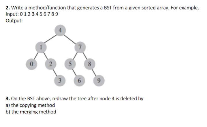 Solved 2. Write a method/function that generates a BST from | Chegg.com Solved 2. Write a method/function that generates a BST from | Chegg.com