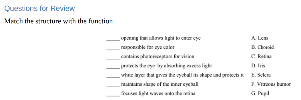 Solved Questions for Review Match the structure with the | Chegg.com