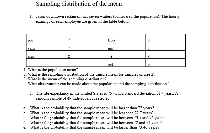 Solved Sampling distribution of the mean 1. Jason downtown | Chegg.com