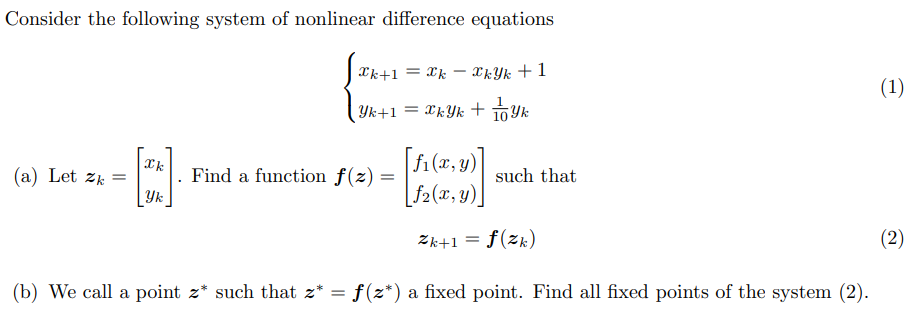 Solved Consider the following system of nonlinear difference | Chegg.com