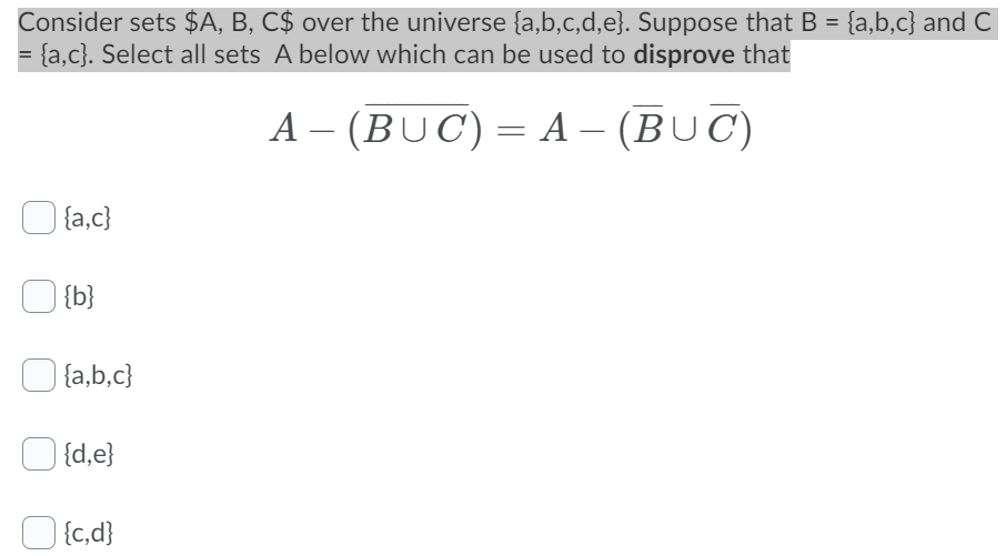 Solved Consider sets $A, B, C$ over the universe | Chegg.com