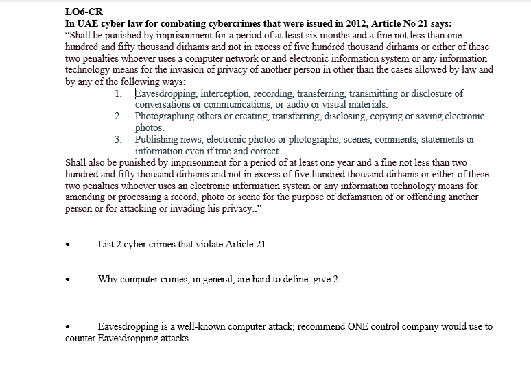 Solved LO6-CR In UAE cyber law for combating cybercrimes | Chegg.com