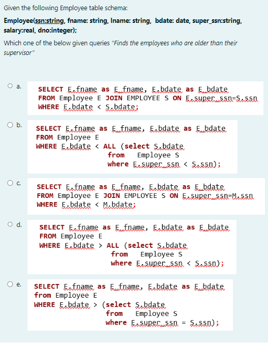 Solved Given the following Employee table schema: | Chegg.com Solved Given the following Employee table schema: | Chegg.com