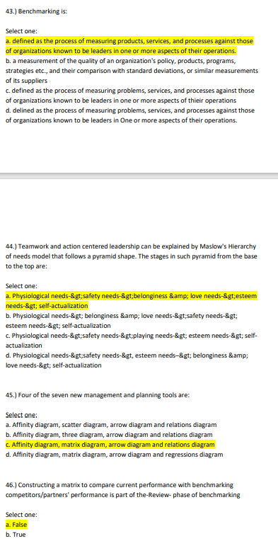 Solved 43.) Benchmarking is: Select one: a. defined as the | Chegg.com
