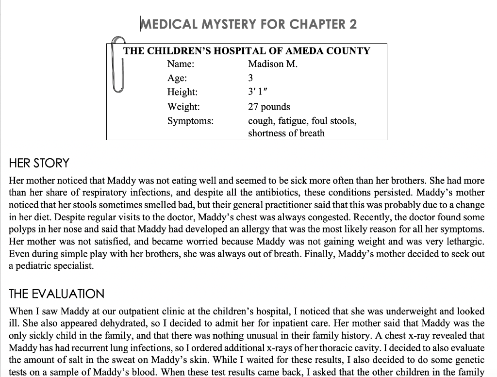 MEDICAL MYSTERY FOR CHAPTER 2 THE CHILDREN'S HOSPITAL | Chegg.com
