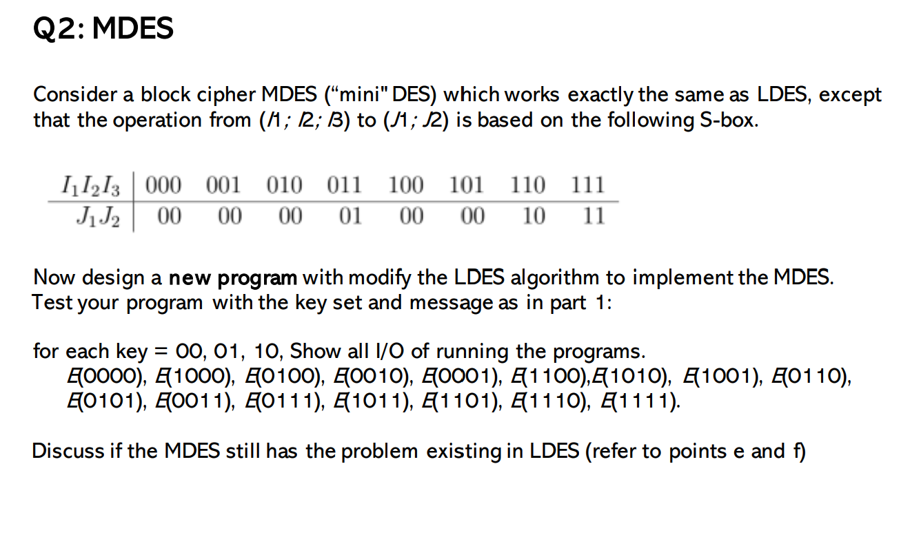 Solved Q2: MDES Consider a block cipher MDES ("mini" DES) | Chegg.com