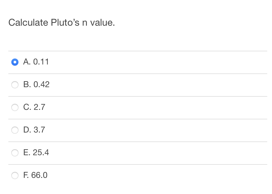 Solved Calculate Pluto's n value. A. 0.11 B. 0.42 C. 2.7 D. | Chegg.com