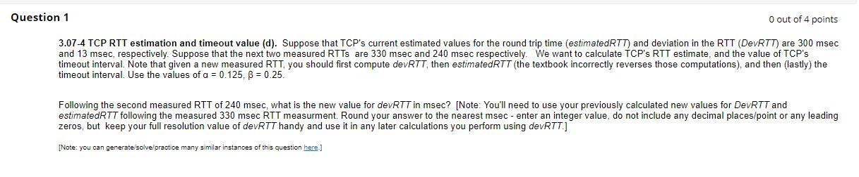 Solved Question 1 O Out Of 4 Points 3 07 4 Tcp Rtt