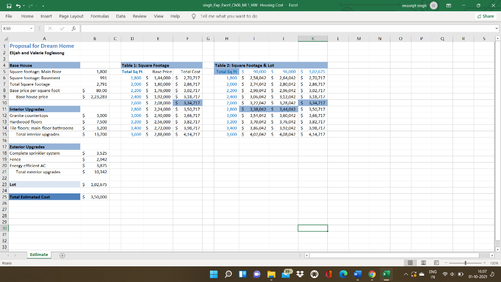 A 5 singh_Exp Excel Ch6_ML1_HW Housing Cost - Excel | Chegg.com