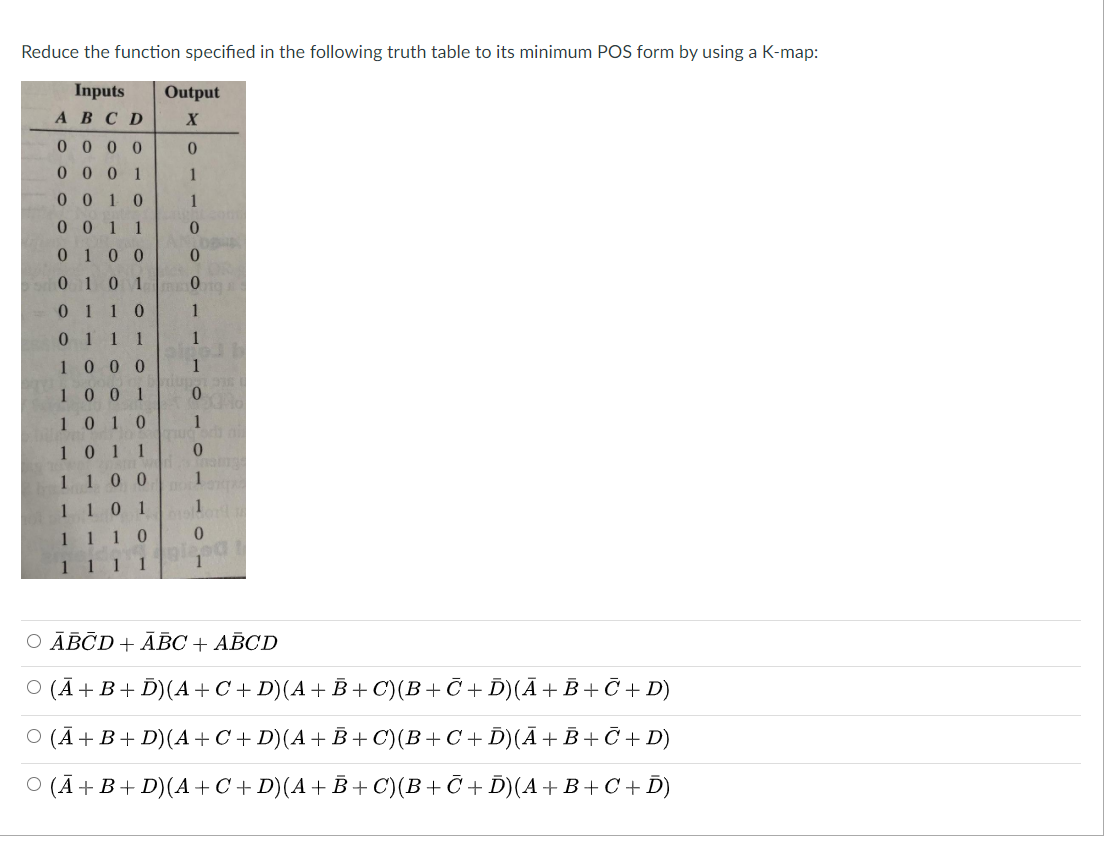 Solved Reduce the function specified in the following truth | Chegg.com
