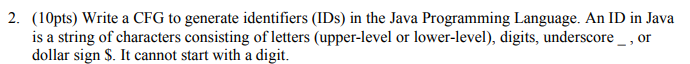 Solved 2. (10pts) Write a CFG to generate identifiers (IDs) | Chegg.com