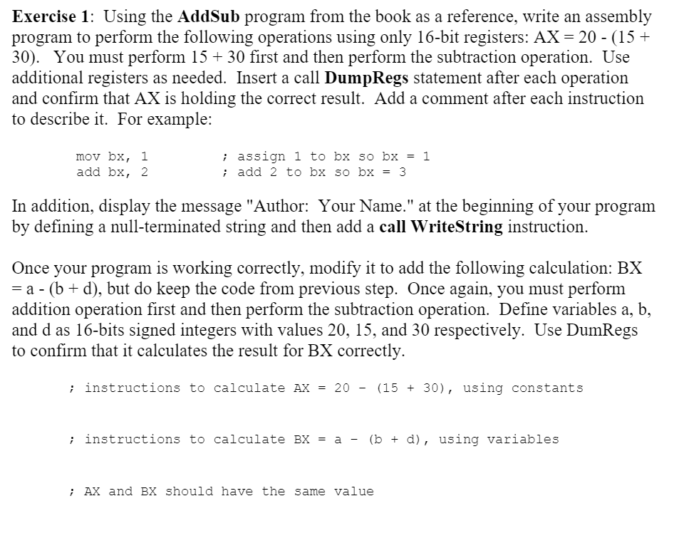 Solved Exercise 1 Using The Addsub Program From The Book As 