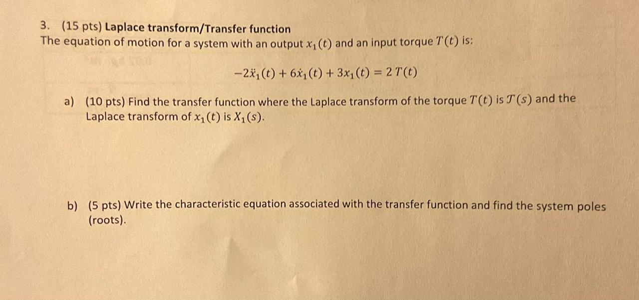 Solved 3. (15 pts) Laplace transform/Transfer function The | Chegg.com