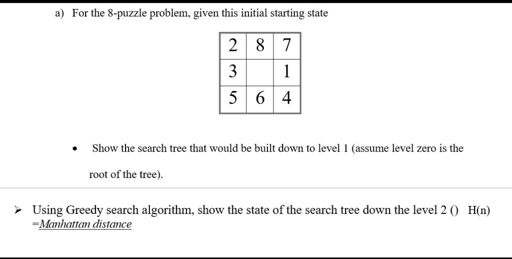 Solved a) For the 8-puzzle problem, given this initial | Chegg.com