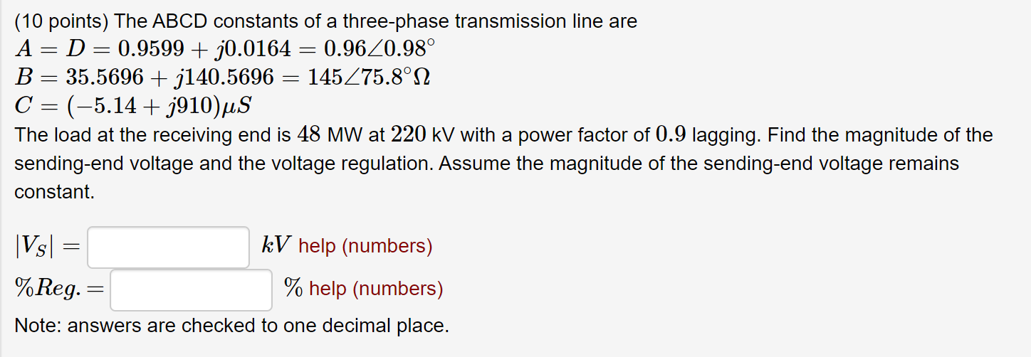 Solved (10 points) The ABCD constants of a three-phase | Chegg.com