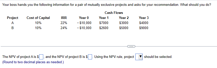 Solved The NPV of project A is $ and the NPV of project B is | Chegg.com
