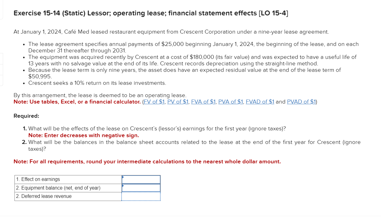 Solved Exercise 15-14 (Static) Lessor; operating lease; | Chegg.com