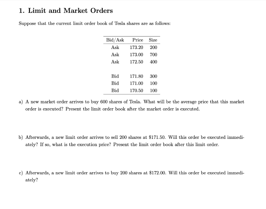 Solved 1. Limit and Market Orders Suppose that the current | Chegg.com
