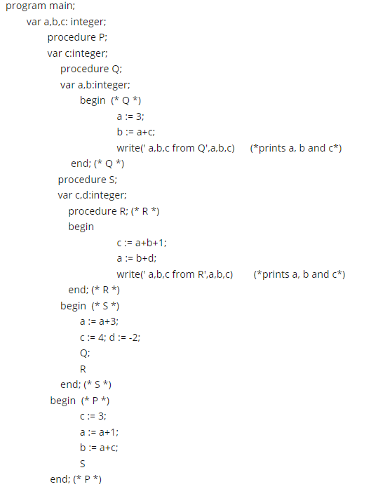 (*prints a, b and c*) program main; var a,b,c: | Chegg.com