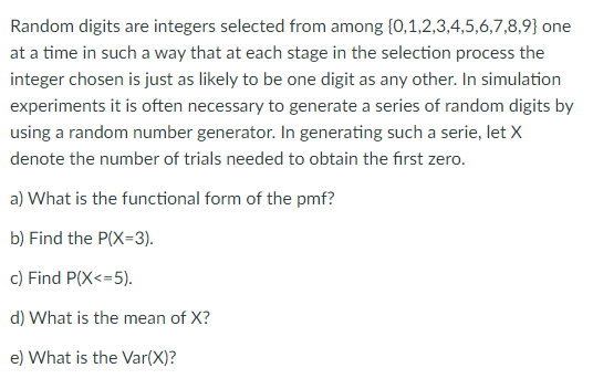 Solved Random digits are integers selected from among | Chegg.com