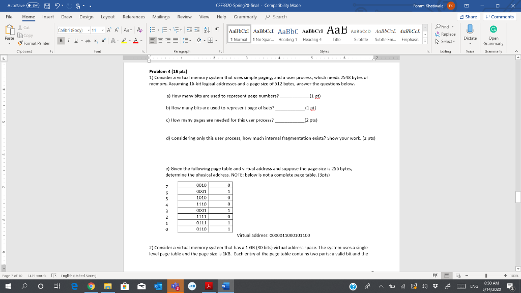 Solved AutoSave OH - . CSE3320 Spring20 final - | Chegg.com