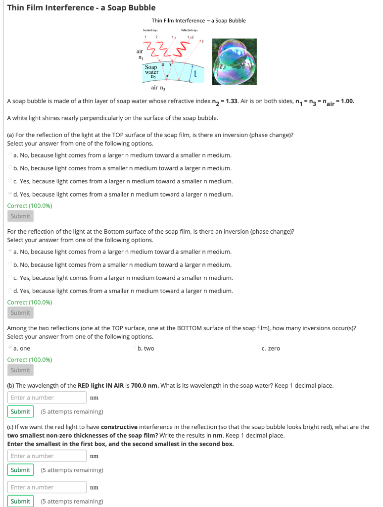 Solved Thin Film Interference - a Soap Bubble Thin Film | Chegg.com