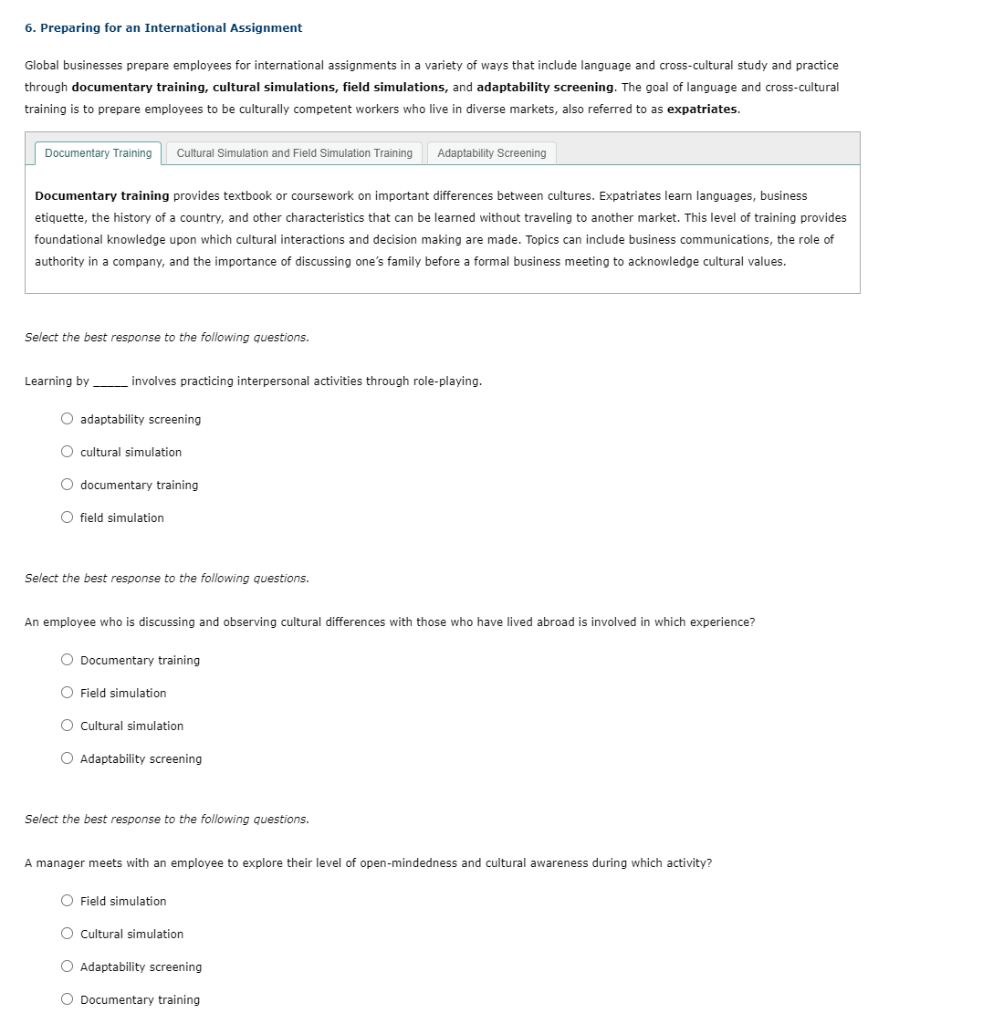 Solved 6. Preparing for an International Assignment Global | Chegg.com