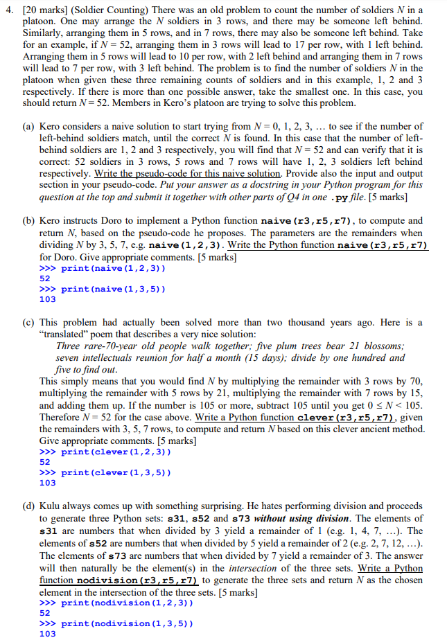 Solved 4. [20 marks] (Soldier Counting) There was an old | Chegg.com