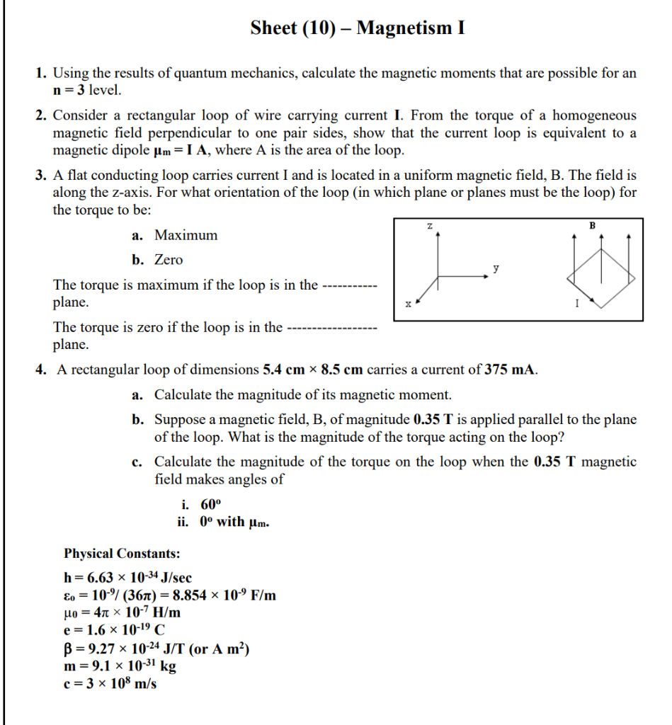 Solved Sheet (10) - Magnetism I 1. Using the results of | Chegg.com