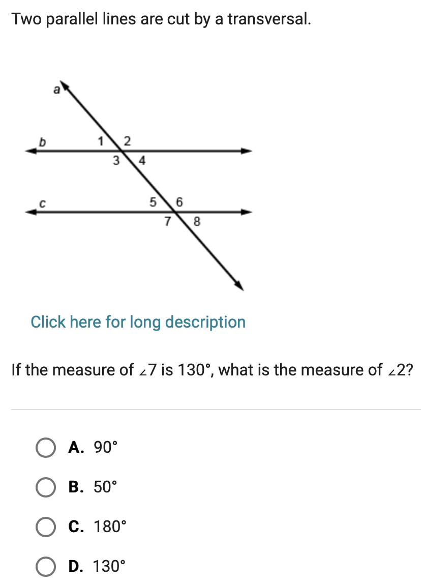 Solved Two parallel lines are cut by a transversal. Click | Chegg.com