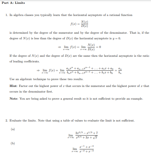 Solved lim f(x) = lim 0,1 + Part A: Limits = 0 1. In algebra | Chegg.com